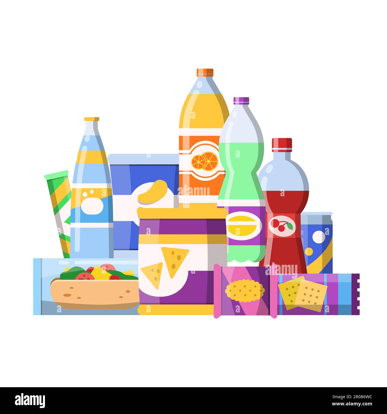 Snack food. Unhealthy snack products crackers water chips chocolate ...