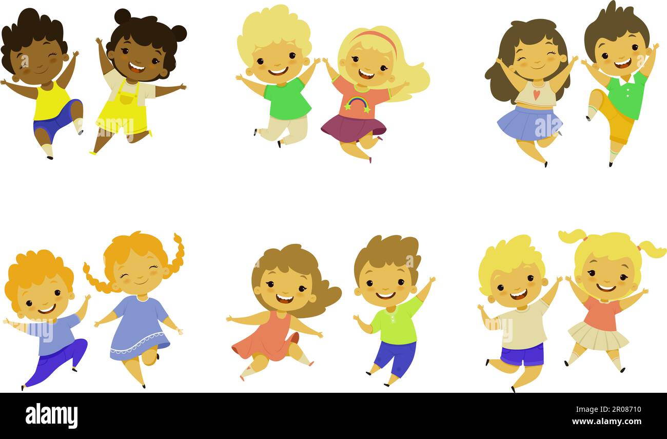 Joyful kids. Ethnic couples, cartoon small children leisure, happy ...