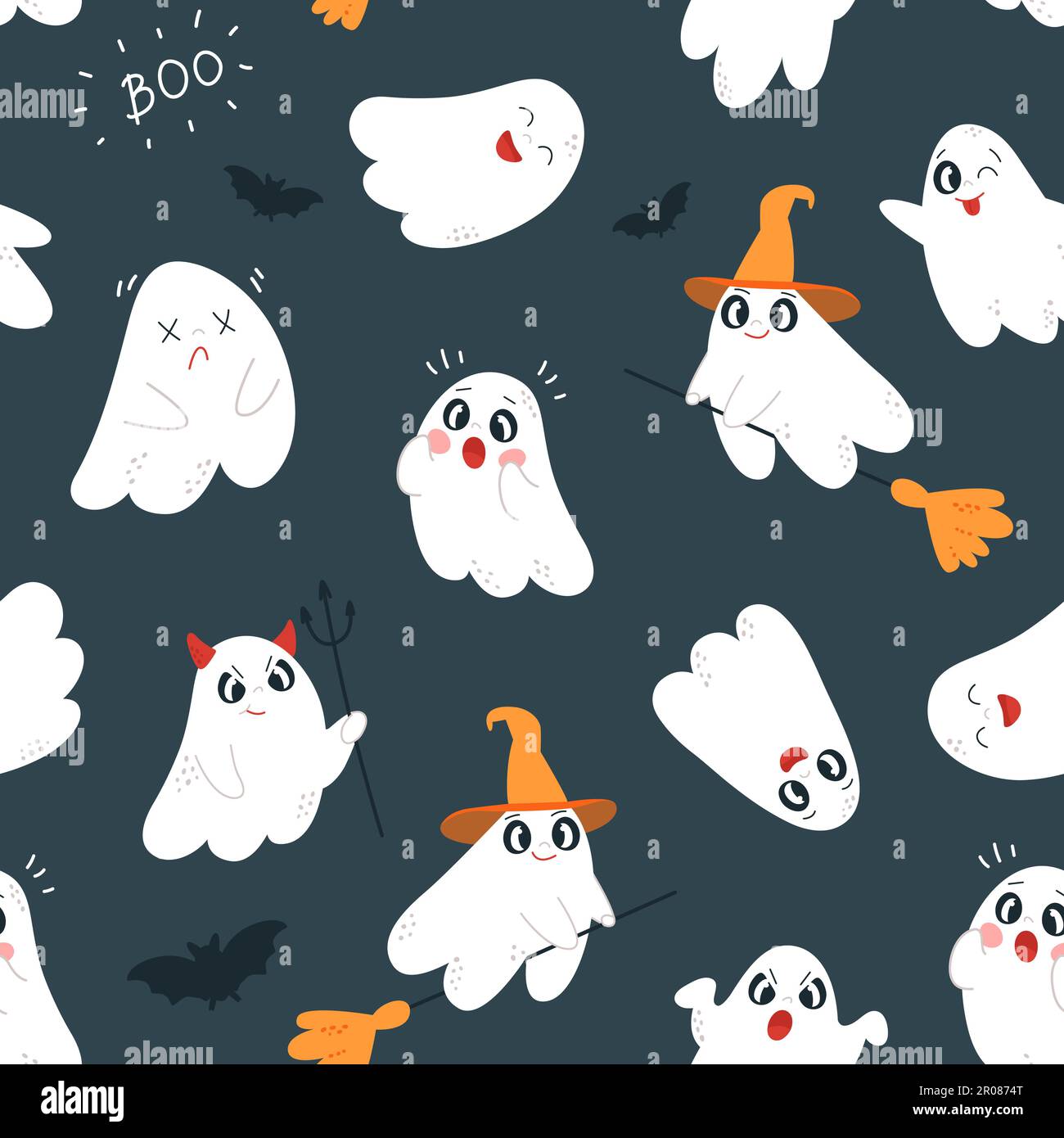 Halloween ghosts seamless pattern. Scary creepy ghostly print, cartoon spooky ghosts and bat ...