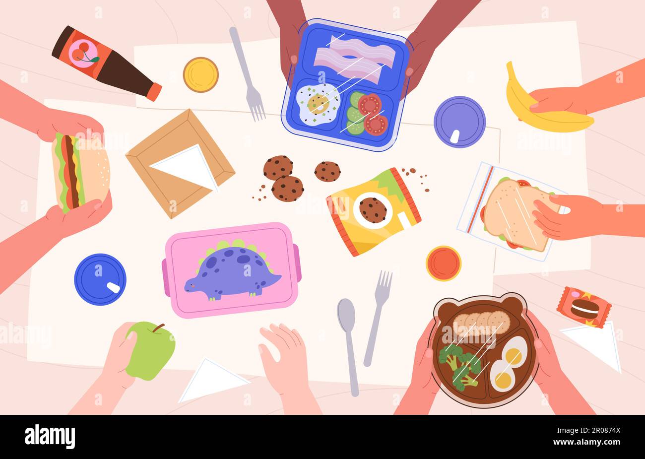 Children eating lunch together. Breakfast in school or kindergarten top ...