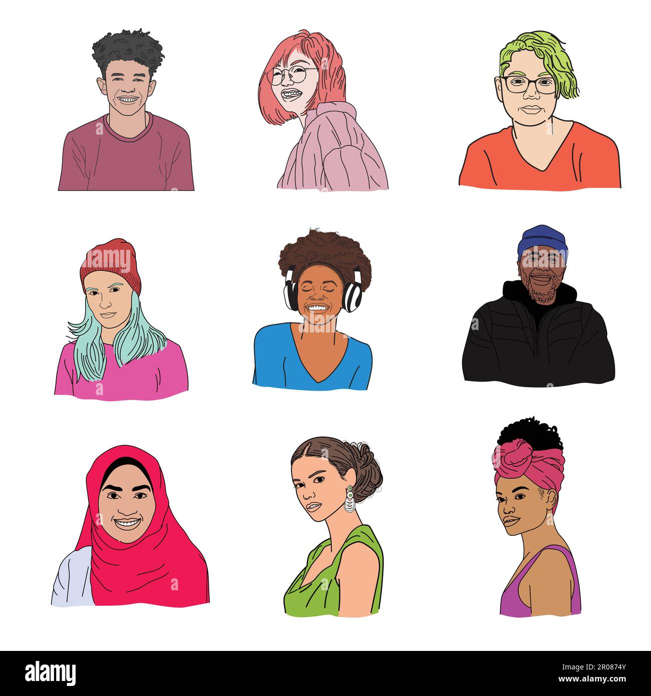Bold Lined Quirky Avatars set isolated on white, vector illustration ...