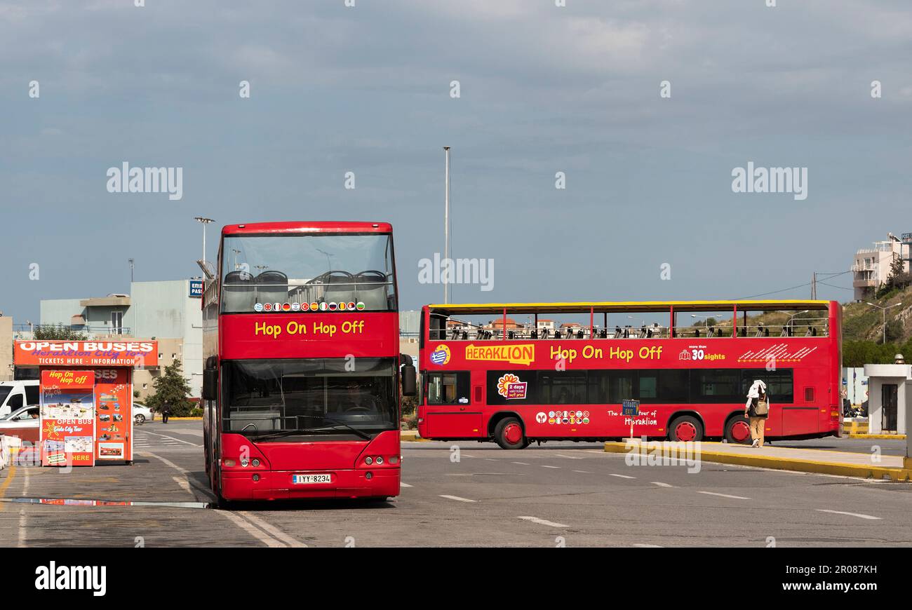 Heraklion Port, Crete, Greece, EU. 2023. Two open top red buses used by ...