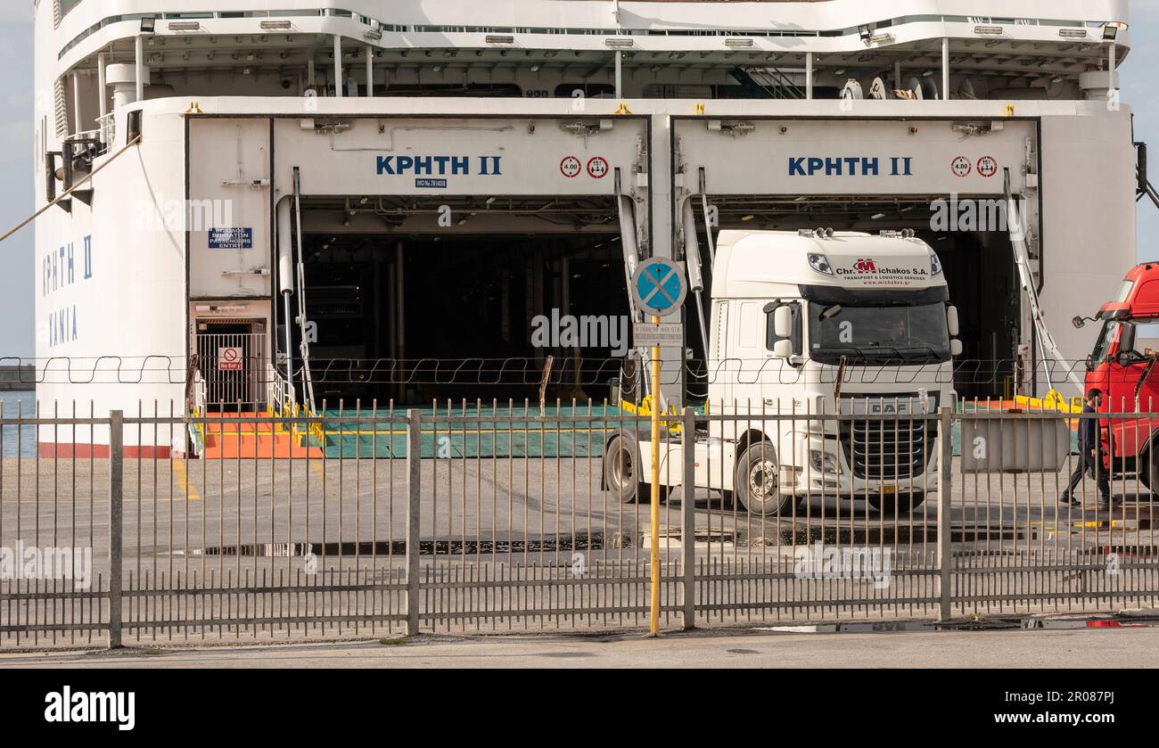 Heraklion Port, Crete, Greece, EU. 2023. Trucks loading and unloading a ...