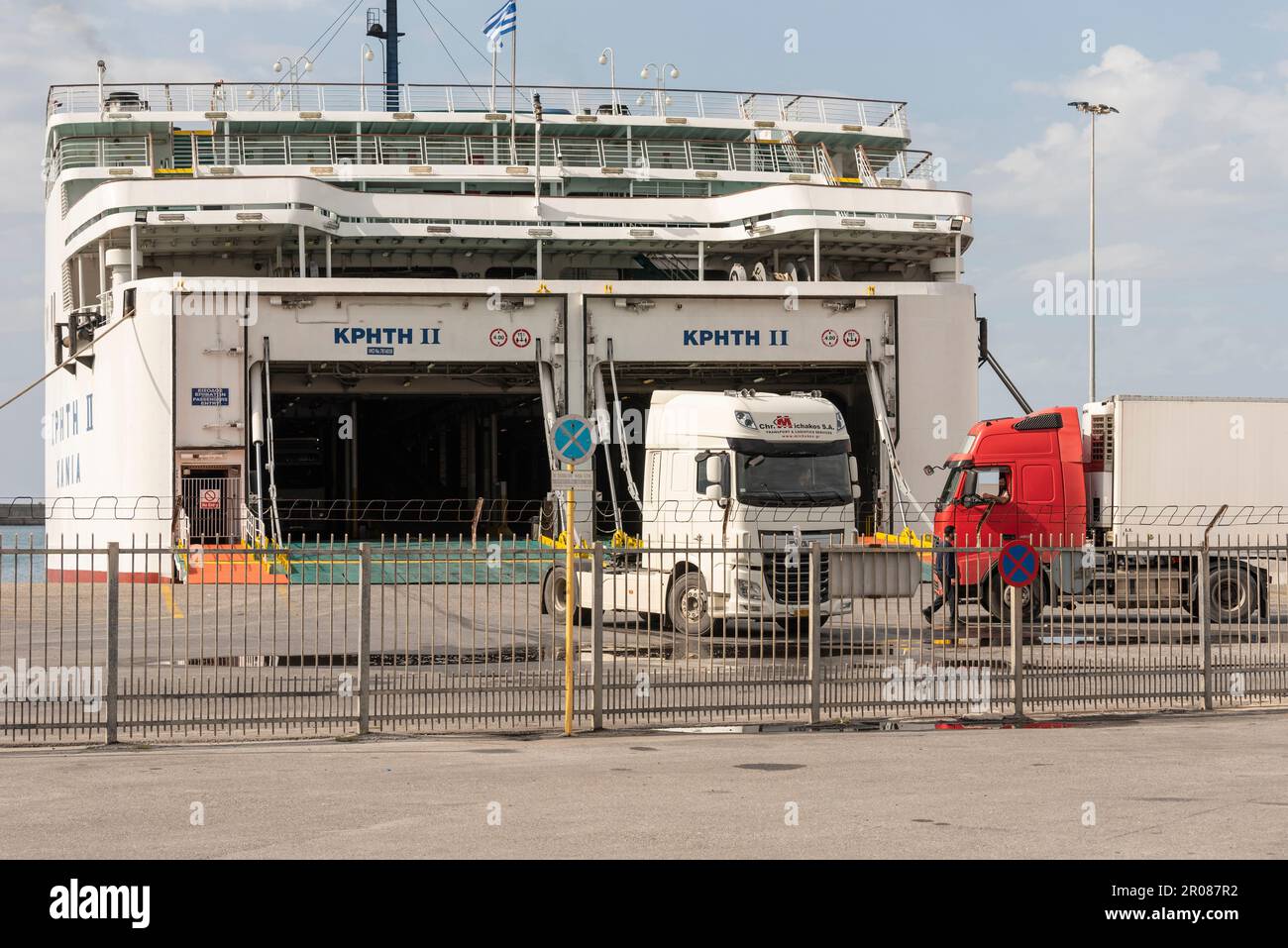 Heraklion Port, Crete, Greece, EU. 2023. Trucks loading and unloading a ...