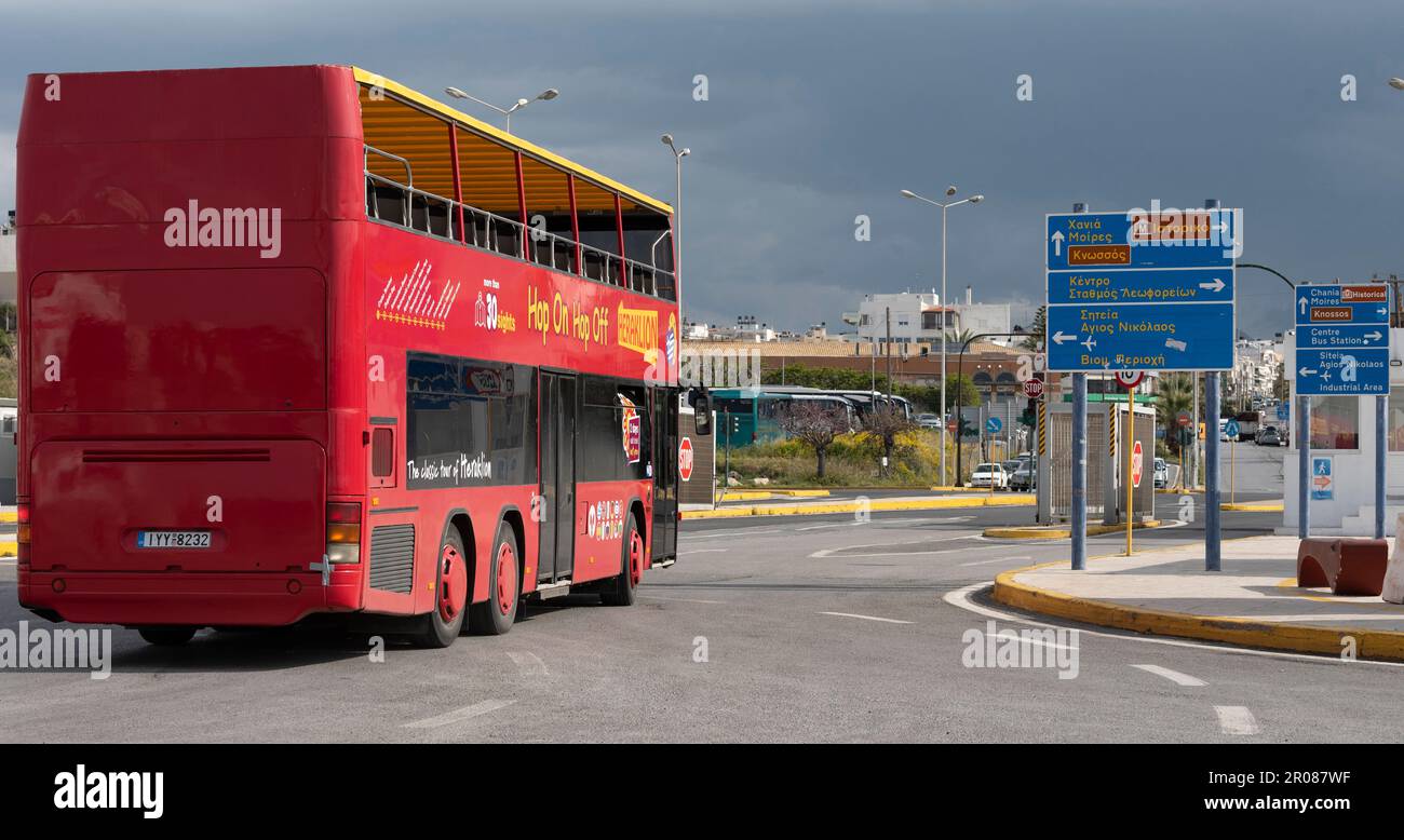 Heraklion Port, Crete, Greece, EU. 2023. Red doble deck tourist bus ...