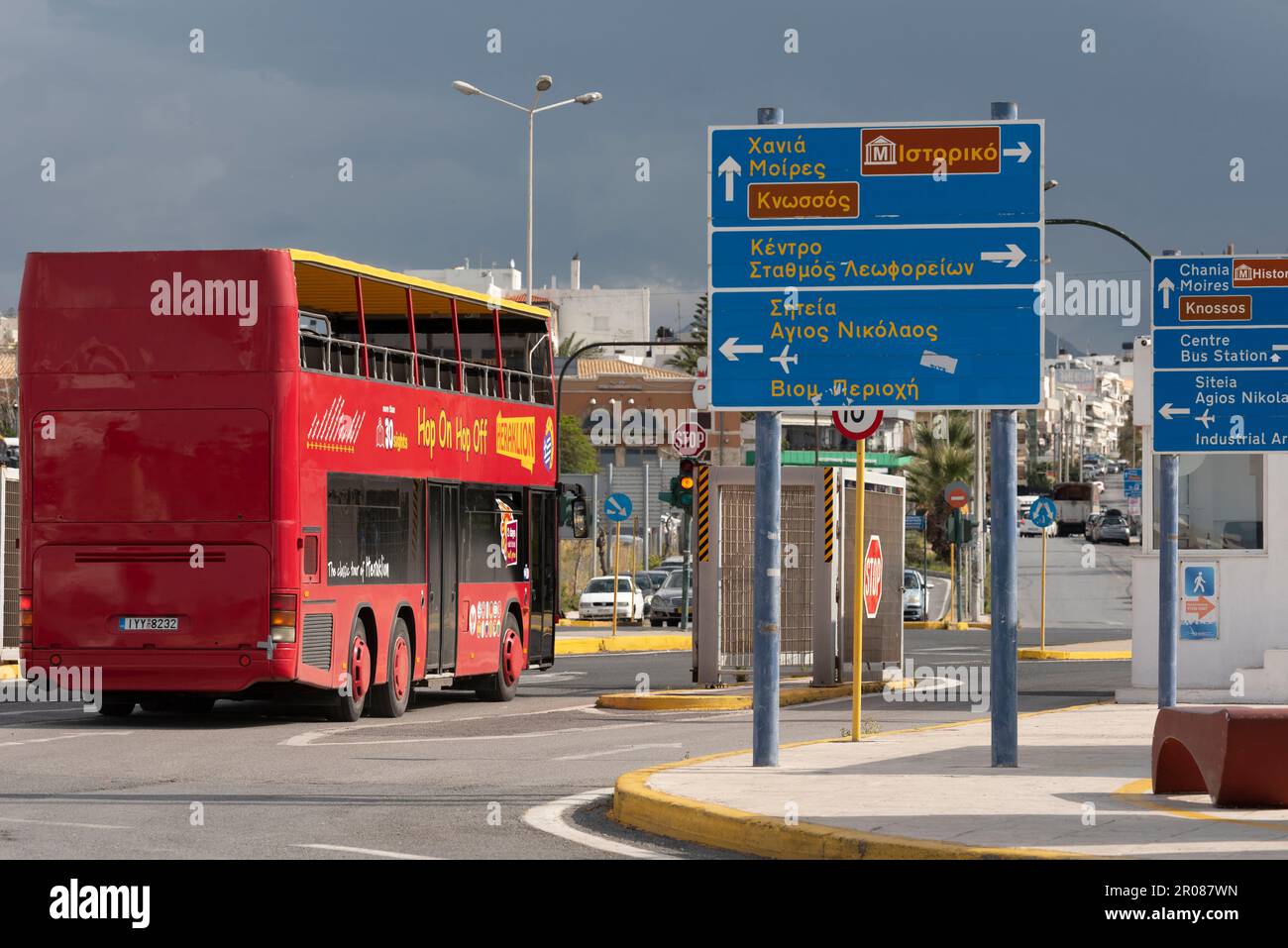 Heraklion Port, Crete, Greece, EU. 2023. Red doble deck tourist bus ...