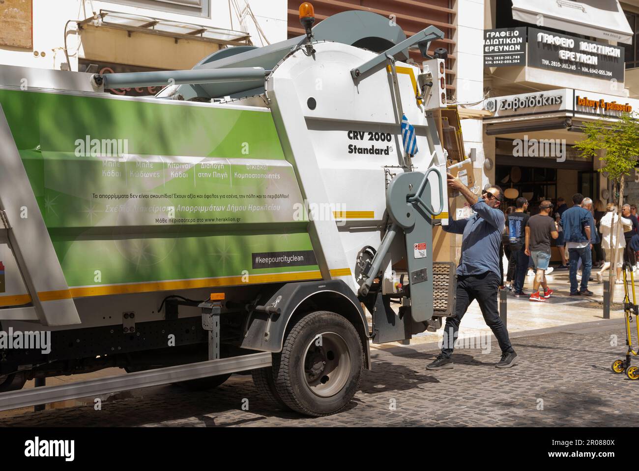 Heraklion, Crete, Greece, EU. 2023. Recycling truck collecting paper ...