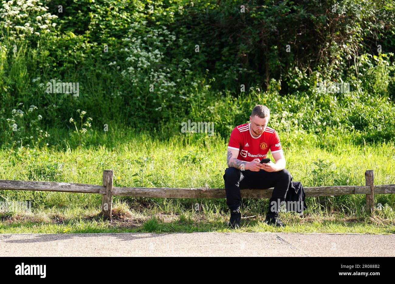 A Manchester United fan outside the stadium before the Premier League ...