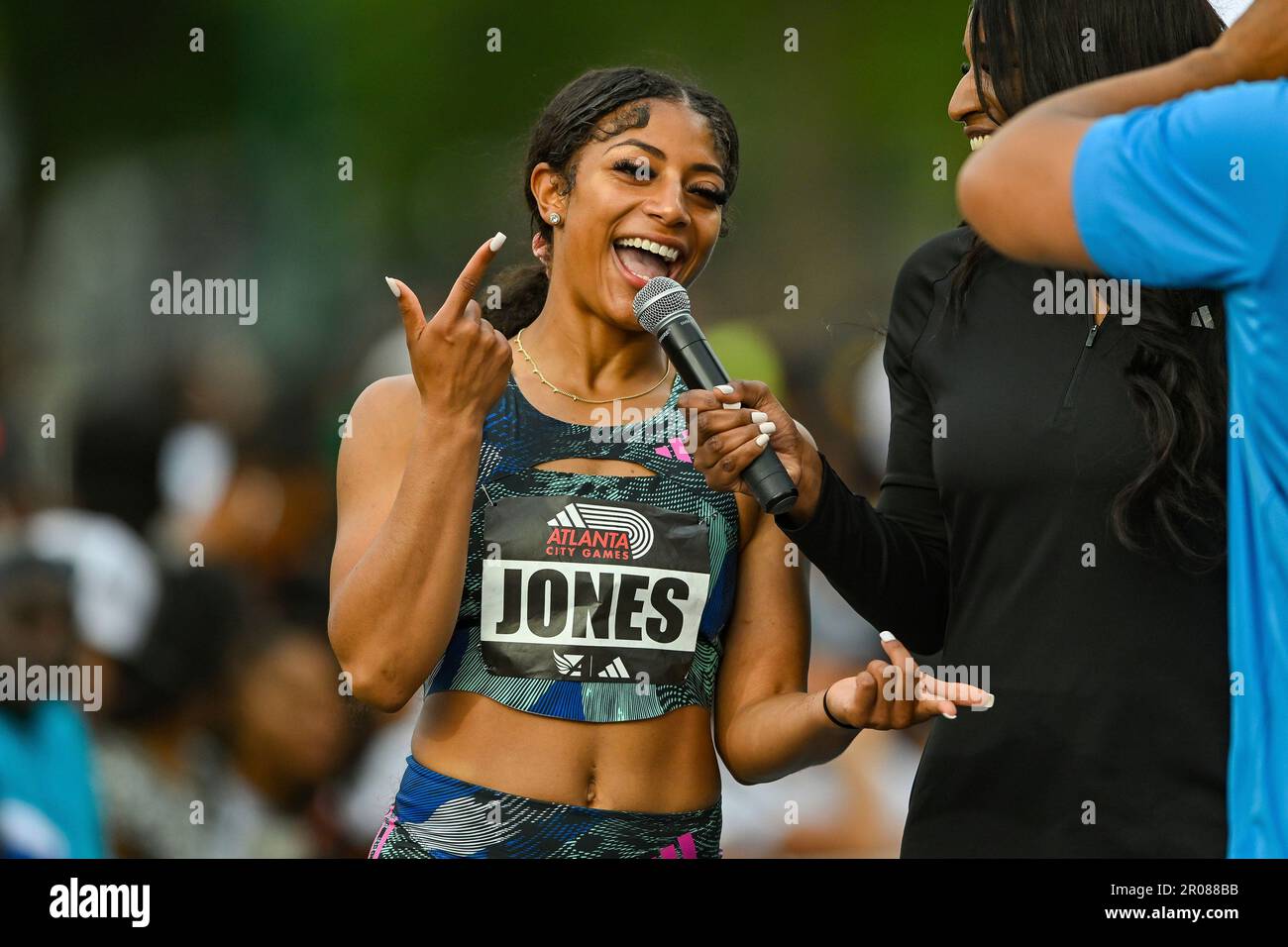 ATLANTA, GA – MAY 06: Tia Jones of the United States is interviewed ...