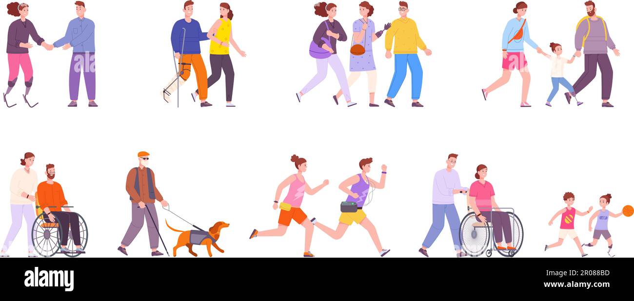 Disabled people partners. Disability person walking with young ...