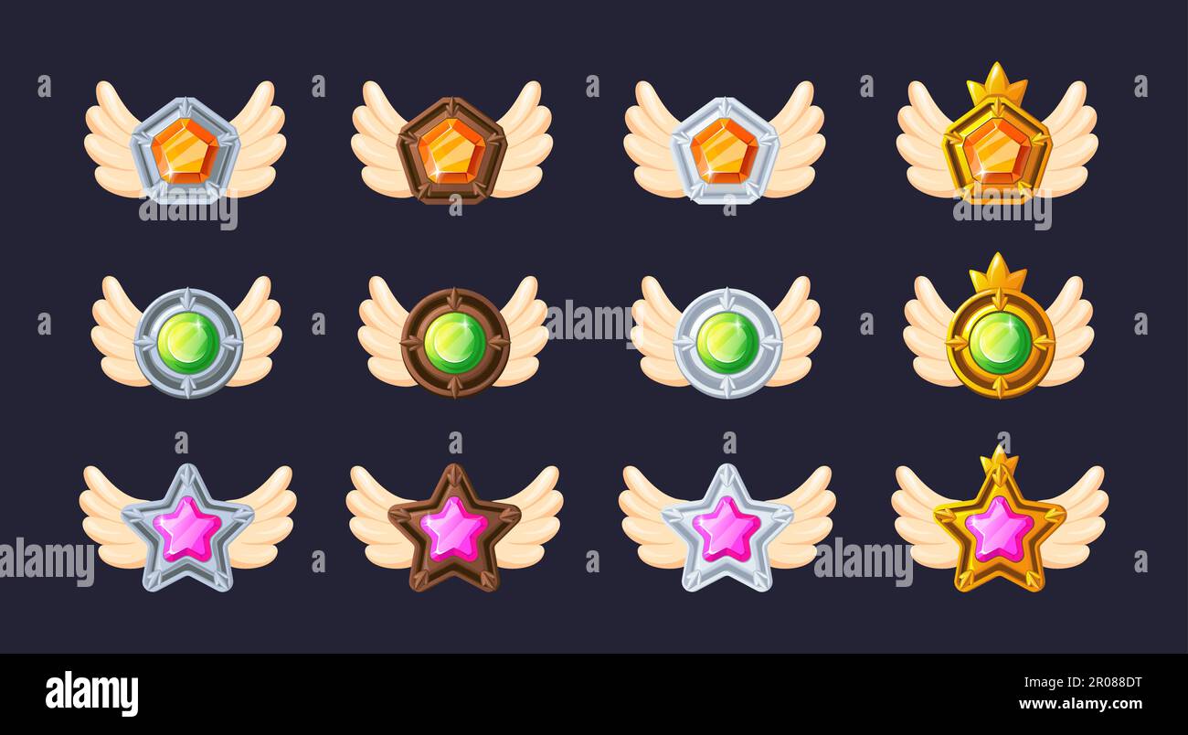 Game ranking levels. Rating award badges with crystal gem wings and ...
