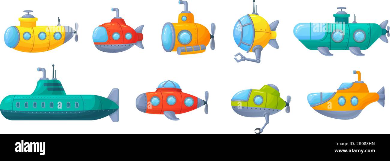 Cartoon submarines. Cute childish submarine with iron arm propeller ...
