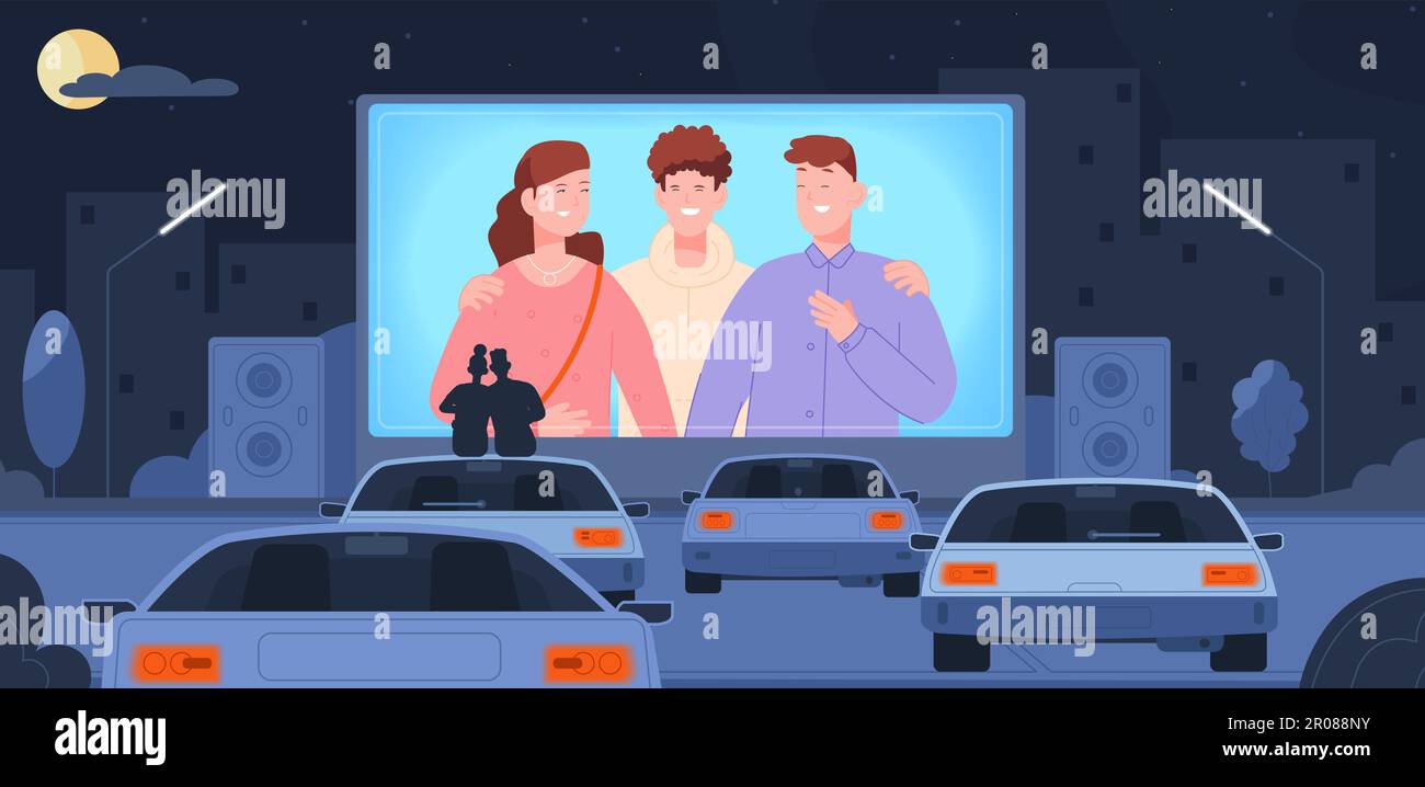 Drive cinema. Romantic couple sitting roof car watching movie big ...