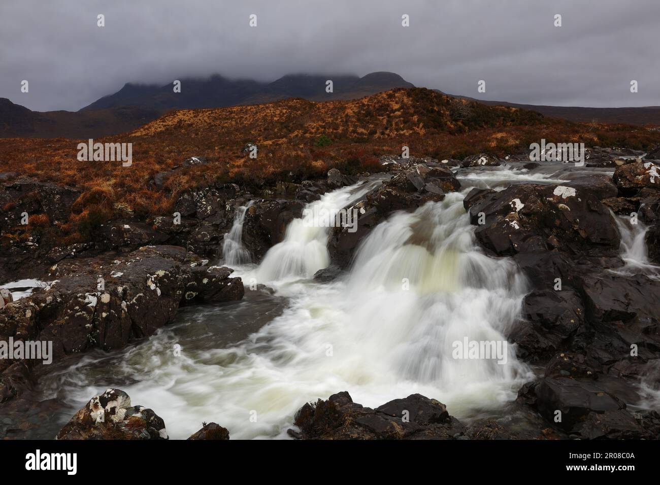 Fast flowing Waterfall at Sligachan on a cludy day. Isle of Skye ...