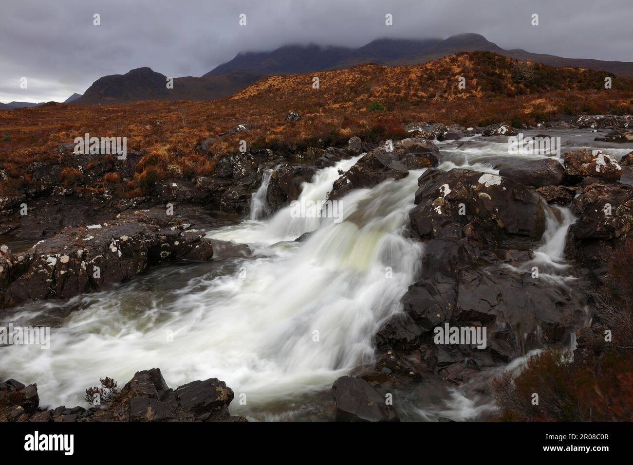 Fast flowing Waterfall at Sligachan on a cludy day. Isle of Skye ...
