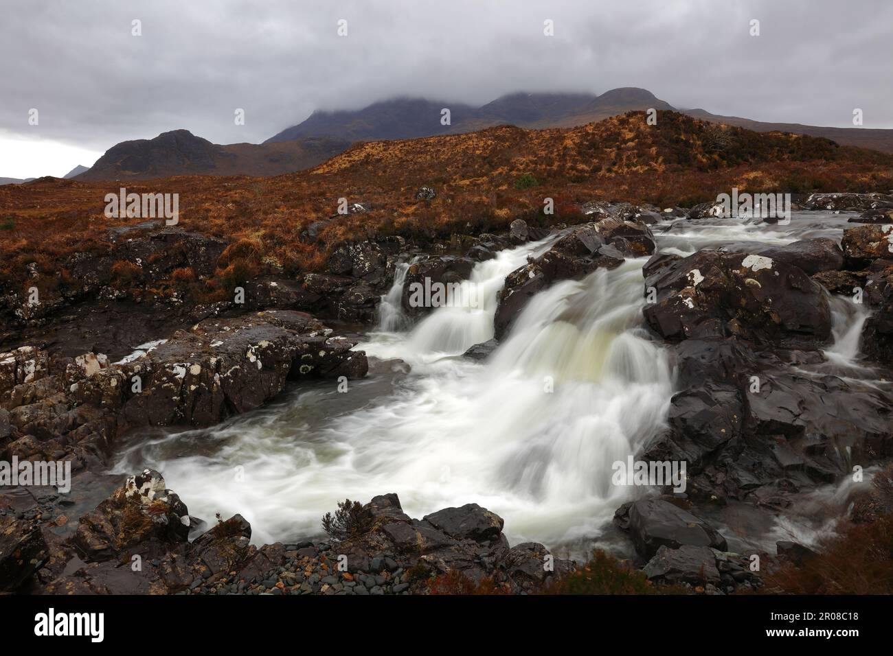 Fast flowing Waterfall at Sligachan on a cludy day. Isle of Skye ...