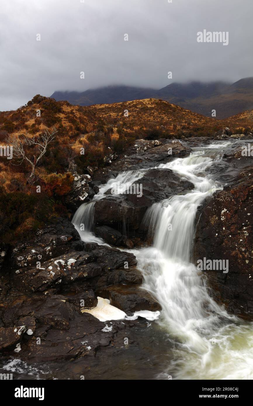 Fast flowing Waterfall at Sligachan on a cludy day. Isle of Skye ...