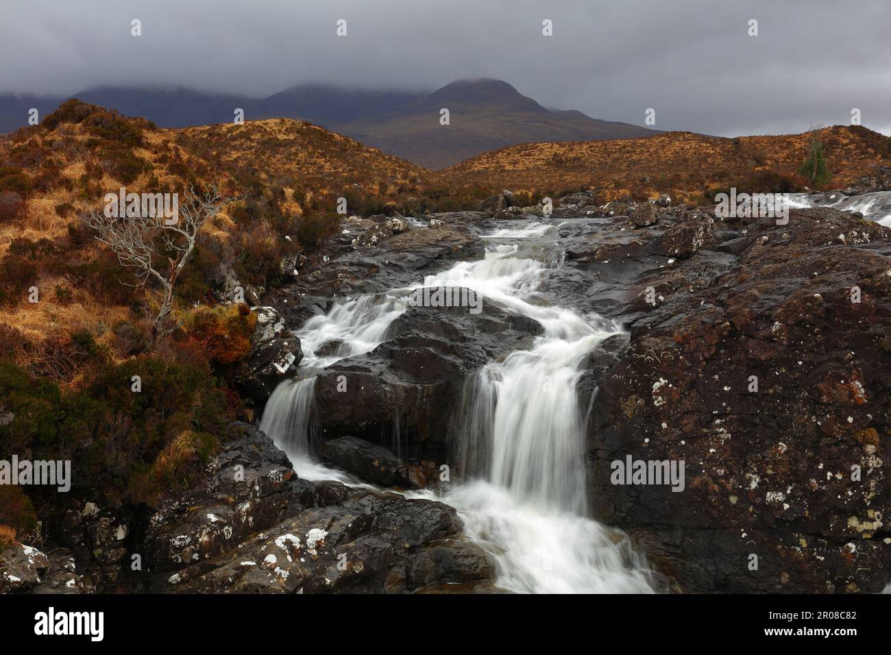 Fast flowing Waterfall at Sligachan on a cludy day. Isle of Skye ...