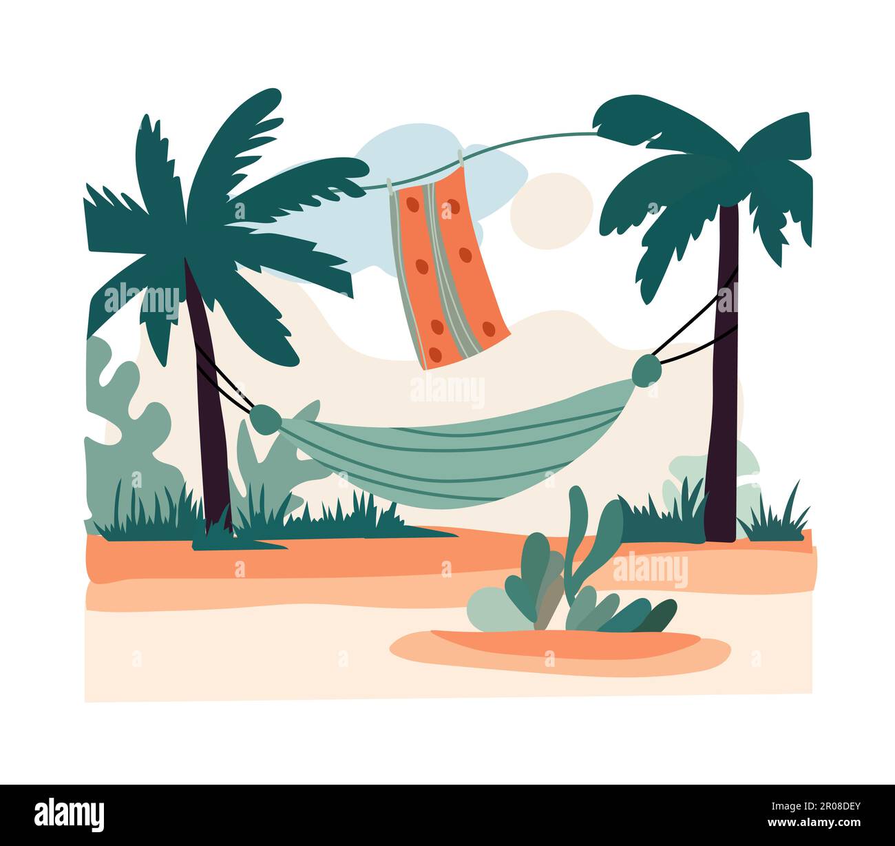 A hammock and towel hanging in the middle of two palms tree. Concept ...