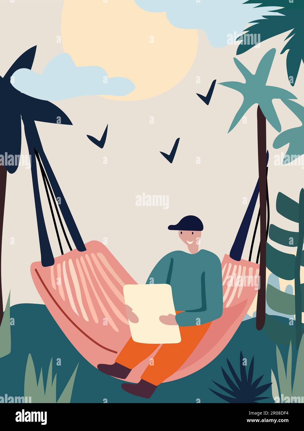 People reclining in coastal hammocks, savoring sunny and read books and ...