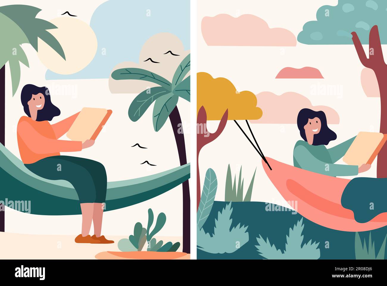 People reclining in coastal hammocks, savoring sunny and read books and ...