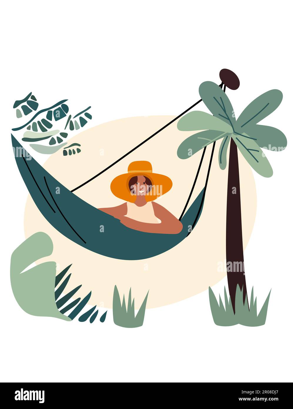 Young woman in a hat reclining in coastal hammocks, savoring sunny and ...