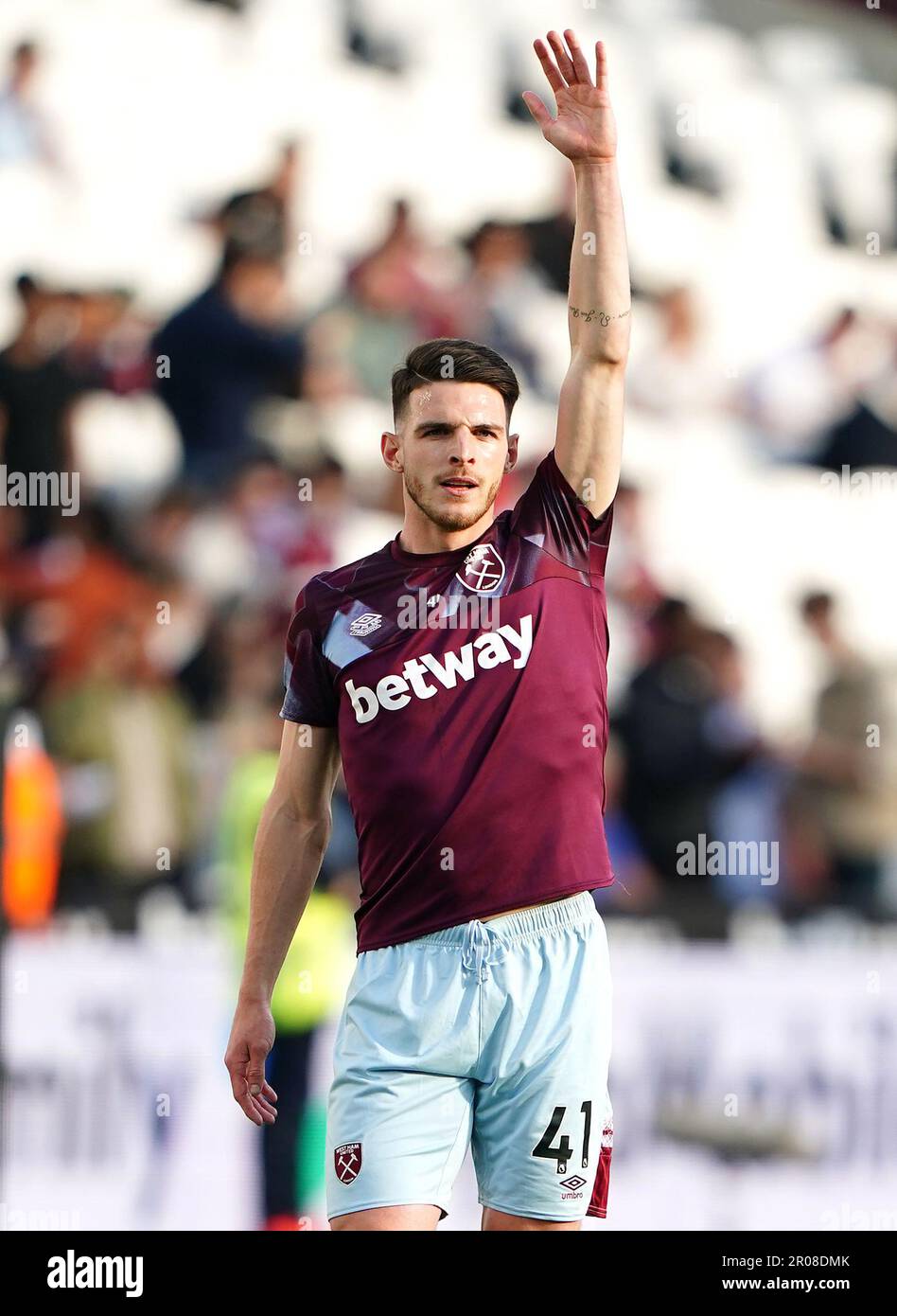 West Ham United's Declan Rice warming up prior to kick-off before the ...