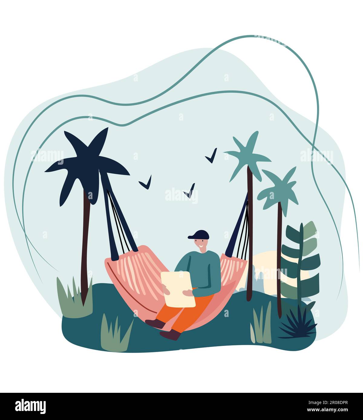 People reclining in coastal hammocks, savoring sunny and read books and ...