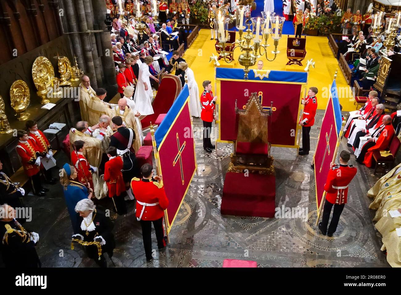 The Anointing Screens are put in place around St Edward's Chair, also ...