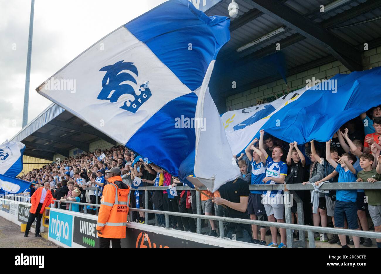 Deva Stadium, Chester, Cheshire, England, 7th May 2023. Chester fans in ...