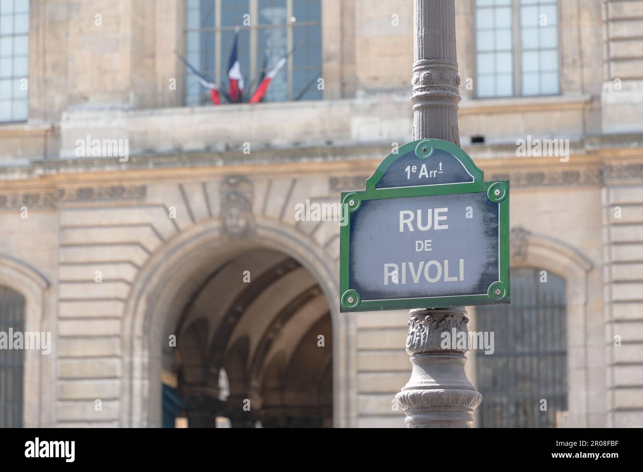 Classic road sign from Rue de Rivoli in the streets from Paris with ...