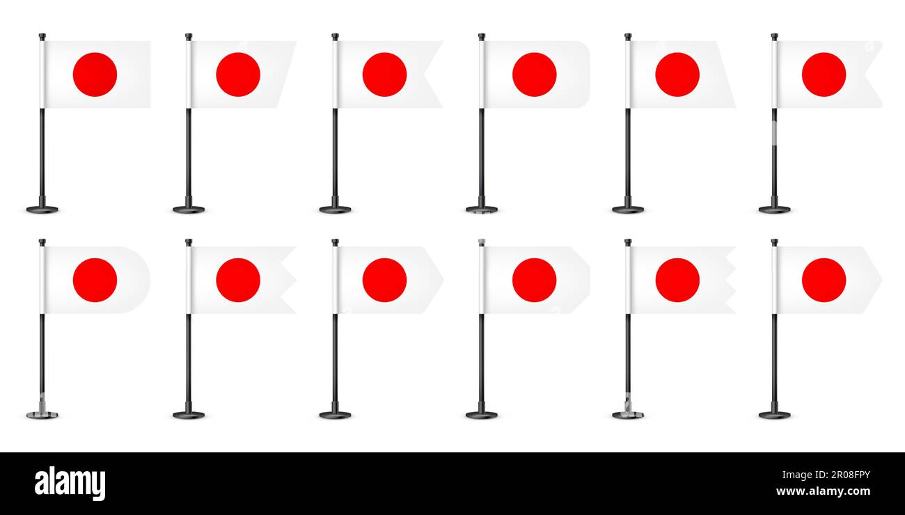 Realistic various Japanese table flags on a black steel pole. Souvenir ...