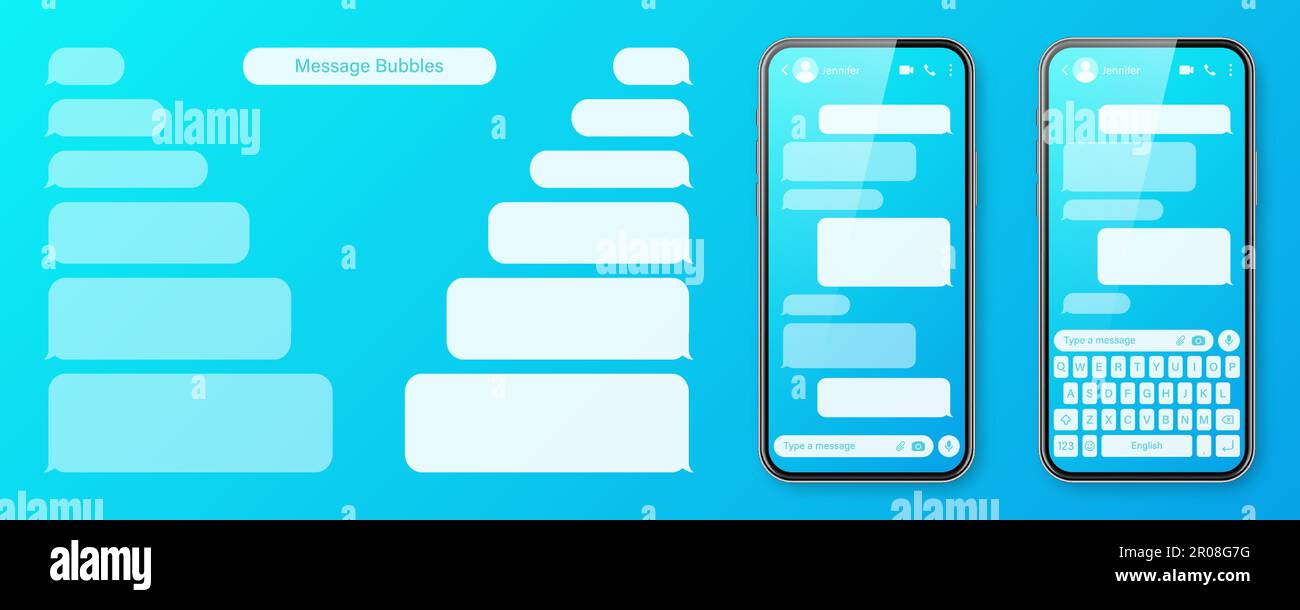 Realistic smartphone with messaging app on colorful blue background ...