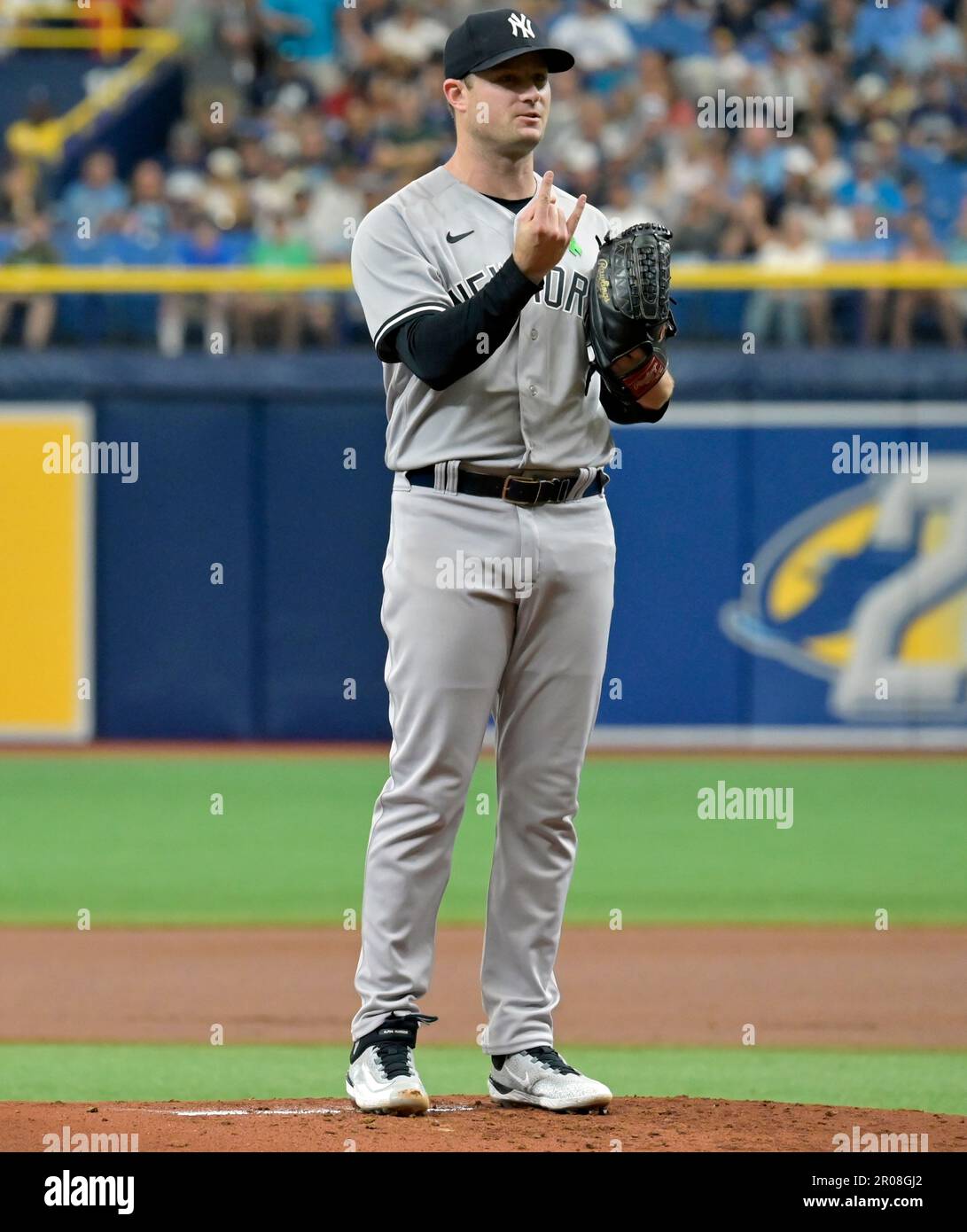 New York Yankees starting pitcher Gerrit Cole gestures toward home plate after Tampa Bay Rays ...