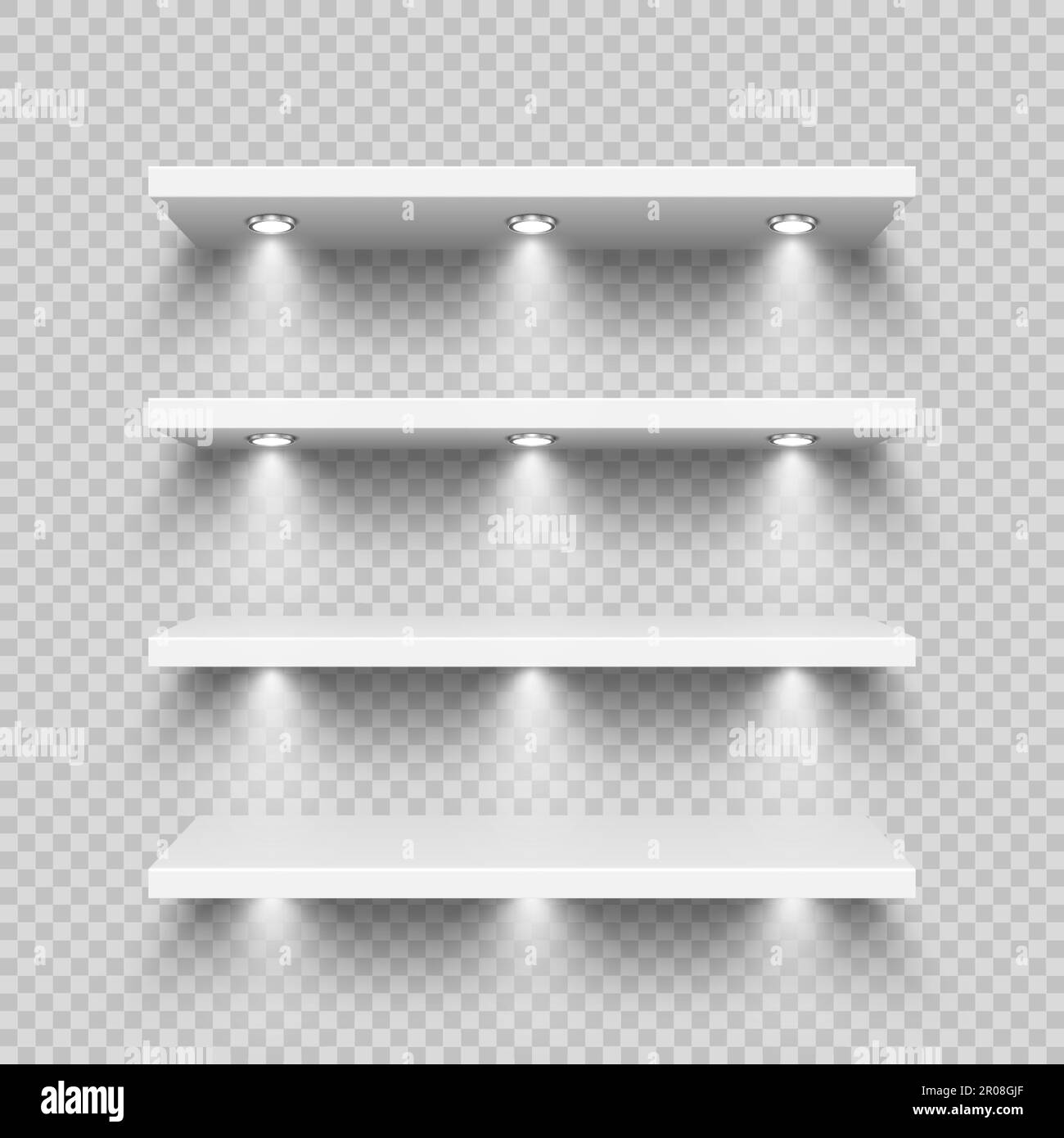 Realistic white store shelves with lighting, spotlights. Empty product ...