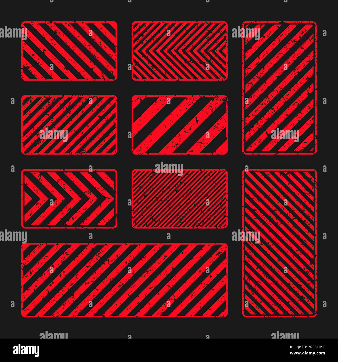 Various red grunge warning signs with diagonal lines. Old attention ...