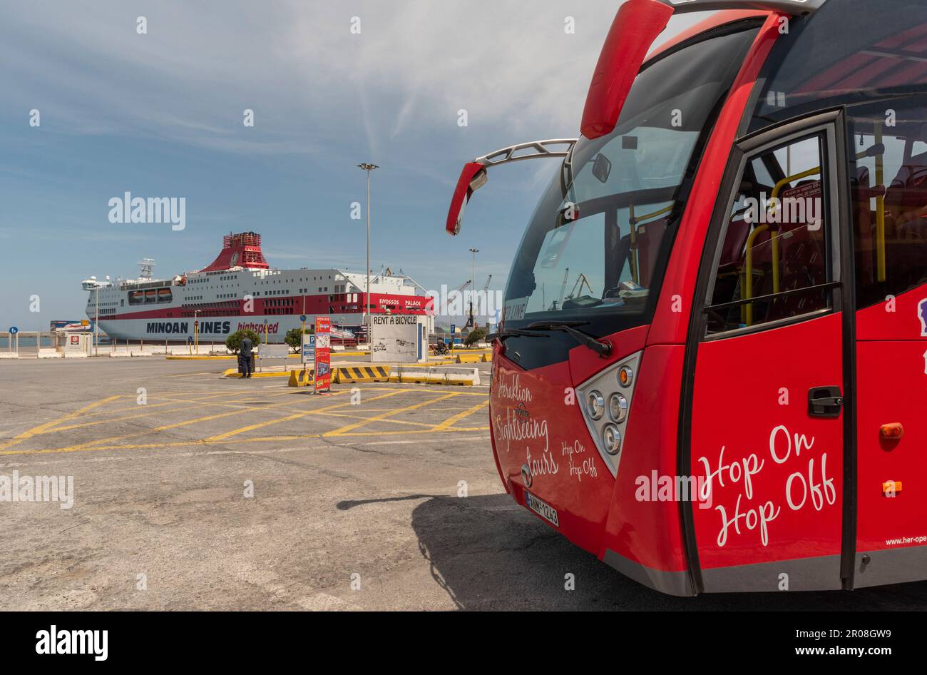 Heraklion port, Crete, Greece, EU. 2023. Red city tour bus at Heraklion ...