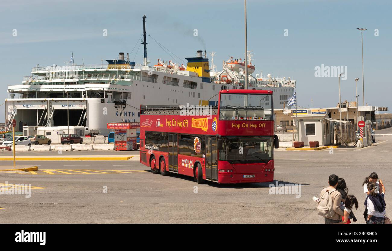 Heraklion port, Crete, Greece, EU. 2023. Red city tour bus with open ...