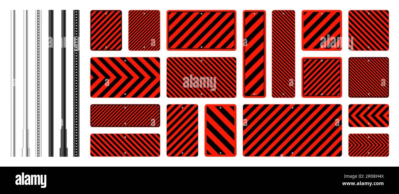 Warning, danger signs, attention banners with metal poles. Red caution ...