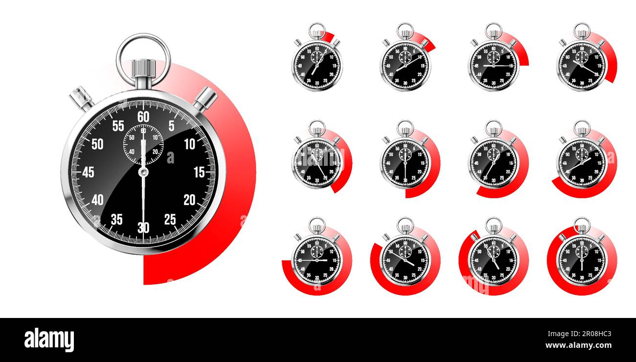 Realistic Classic Stopwatch Shiny Metal Chronometer Black Time
