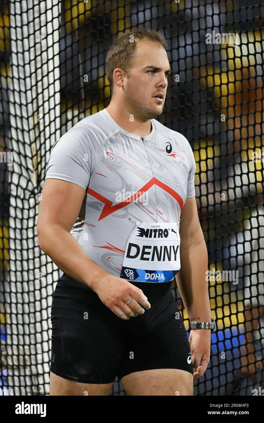 Doha, Qatar, 5 May 2023. Matthew Denny of Australia reacts in Discus ...