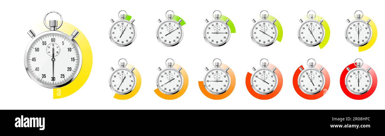 Realistic classic stopwatch. Shiny metal chronometer, time counter with ...