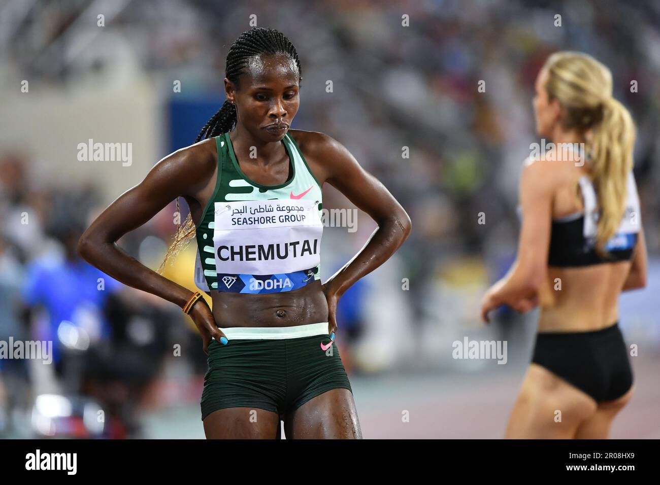 Doha, Qatar, 5 May 2023. Peruth Chemutai of Uganda reacts in 3000m ...