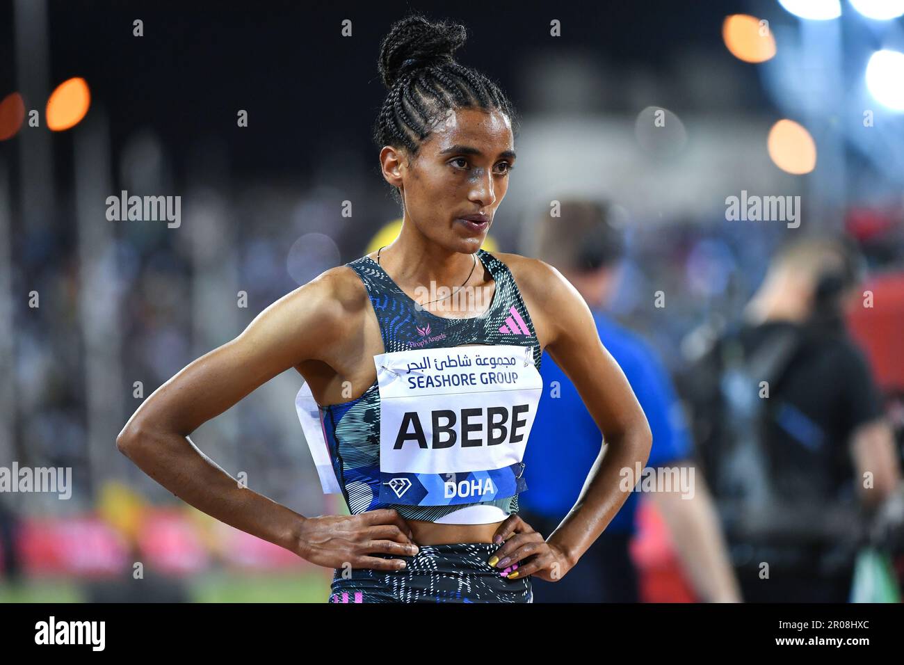 Doha, Qatar, 5 May 2023. Mekides Abebe of Ethiopia reacts in 3000m Steeplechase Women race ...