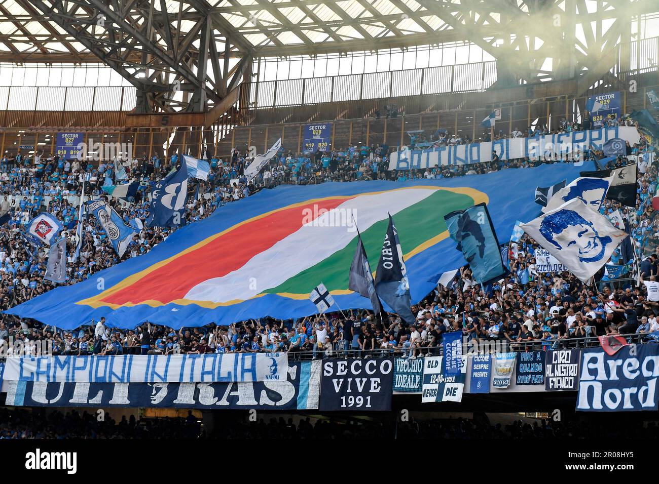Naples, Italy. 07th May, 2023. Napoli supporters show a big flag with a ...