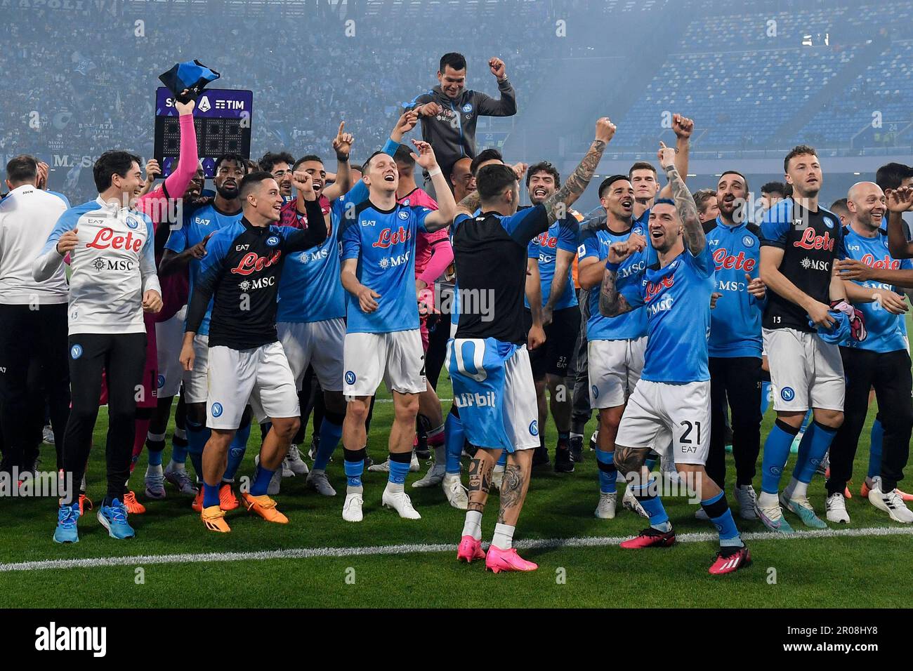 Naples, Italy. 07th May, 2023. Napoli players celebrate the victory of ...