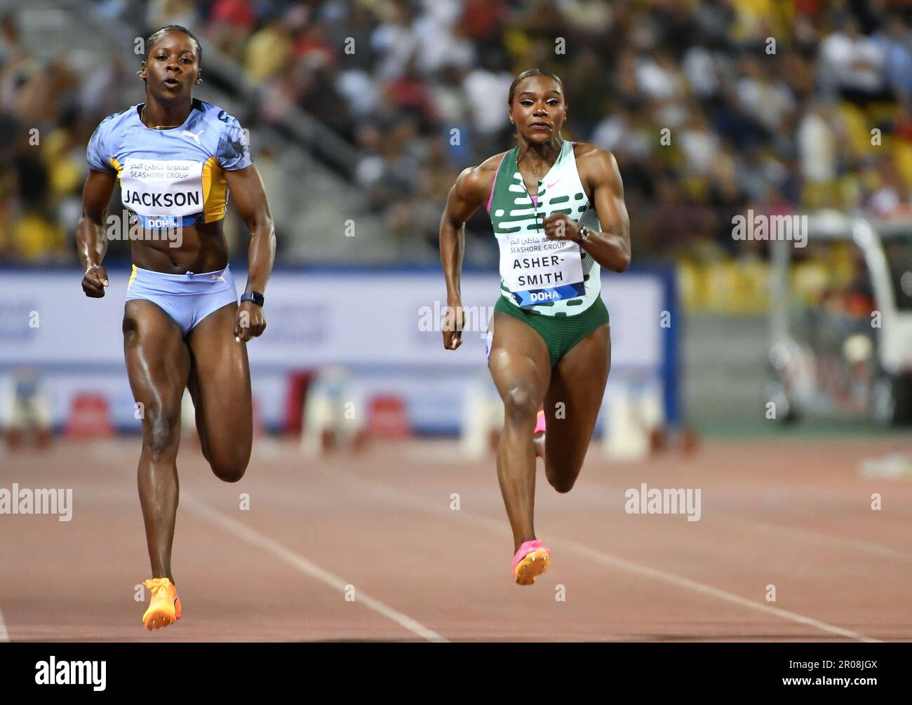 Doha, Qatar, 5 May 2023. Dina Asher Smith of Great Britain, Shericka ...