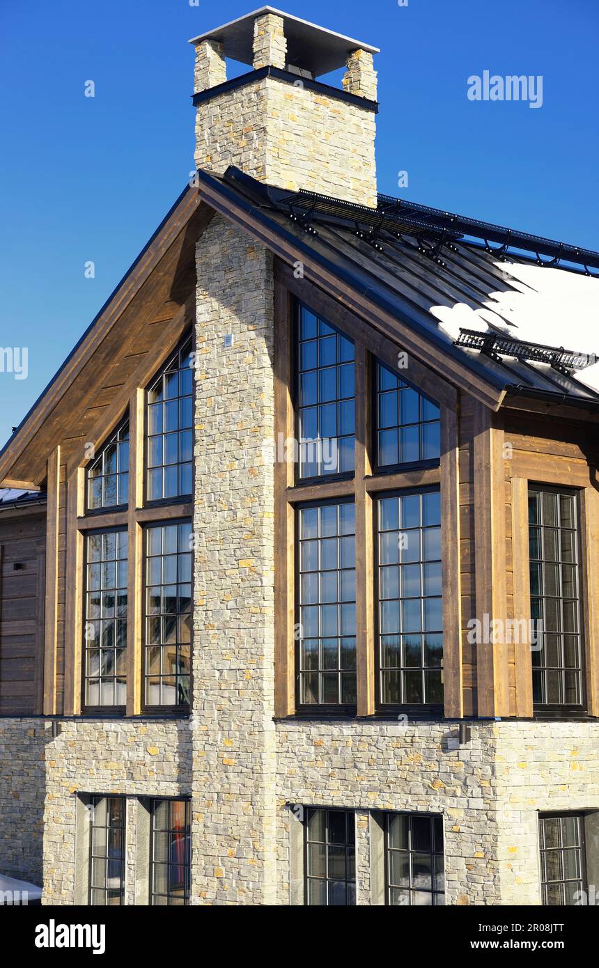 Closeup photo of a new traditional swedish stone cabin in Storhogna ...