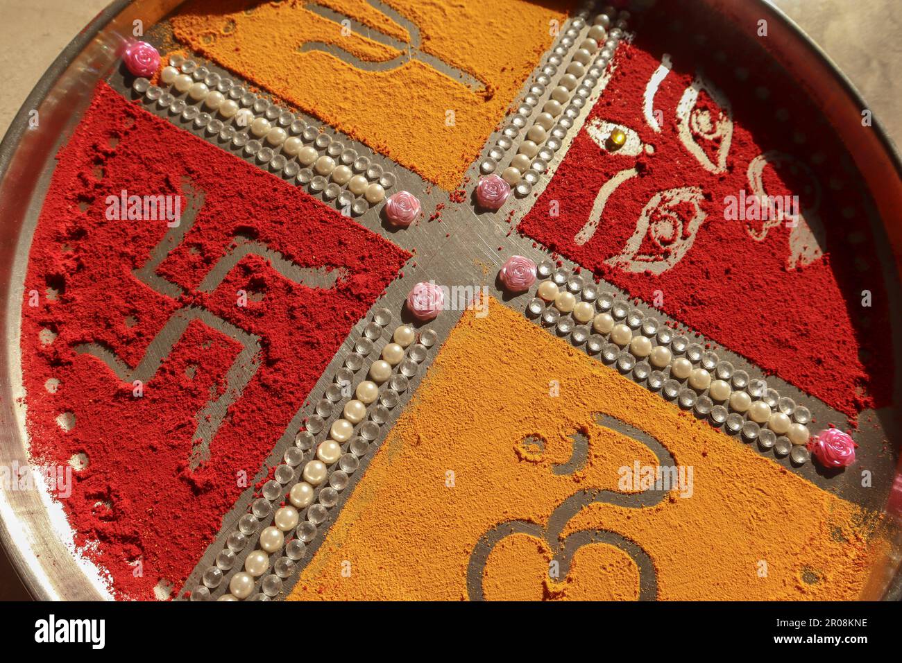 Aarti thali decorated with Haldi and kumkum . Decoration of Plate with ...
