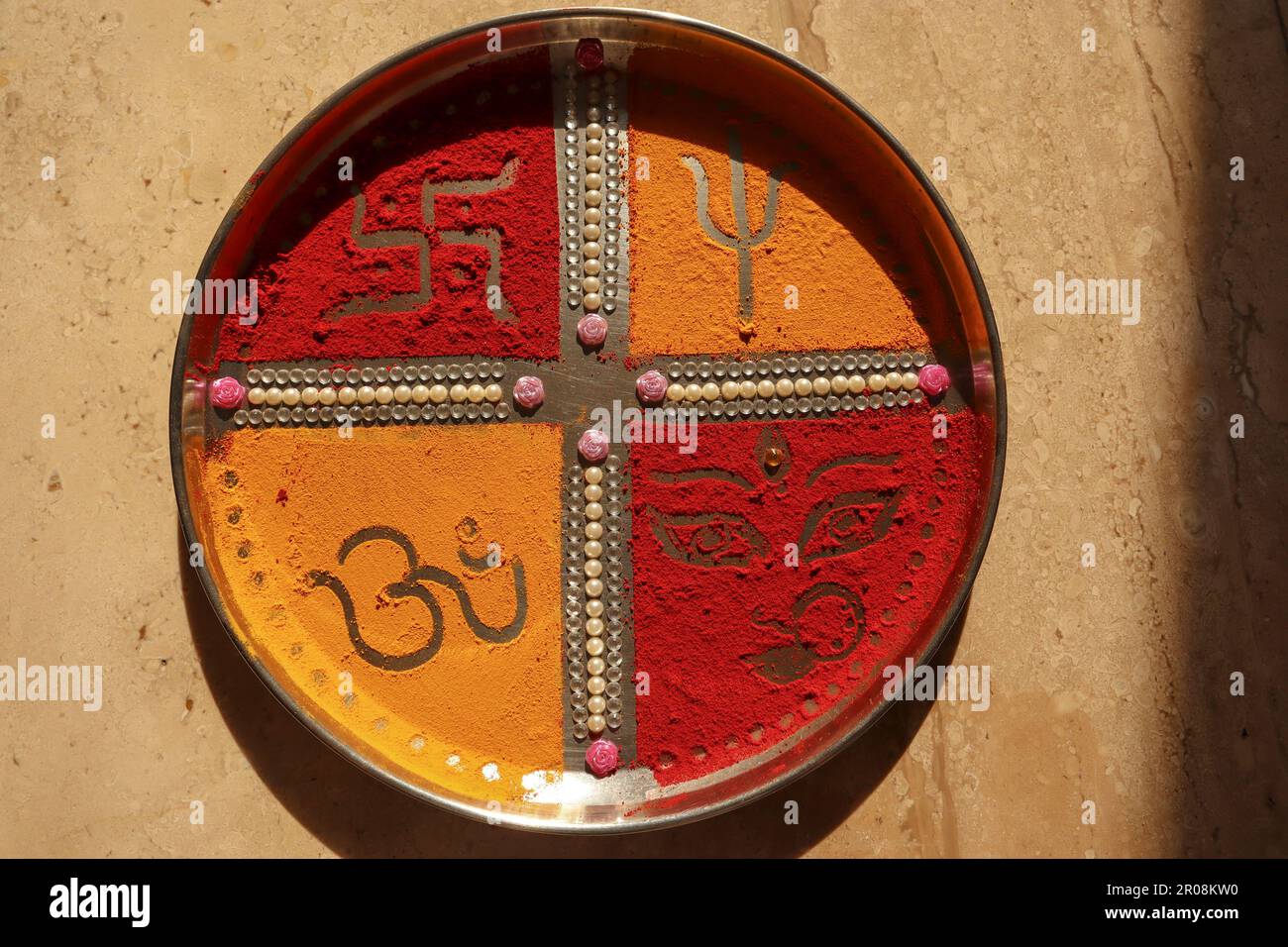 Aarti thali decorated with Haldi and kumkum . Decoration of Plate with ...